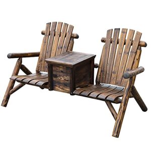 outsunny double wooden adirondack chair with ice bucket, outdoor loveseat with high backrest, smooth armrest, rustic brown