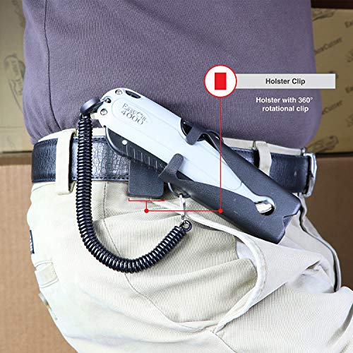 Modern Box Cutter, auto retract, blade vanishing technology, extra tape cutter at back, dual side edge guide, 3 blade depth setting, 2 blades and holster - Grey Color 4000