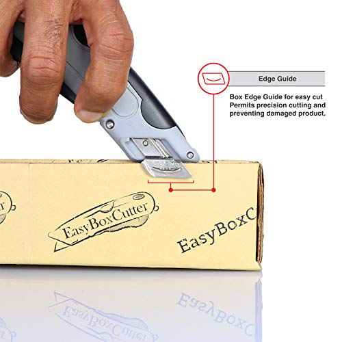 Modern Box Cutter, auto retract, blade vanishing technology, extra tape cutter at back, dual side edge guide, 3 blade depth setting, 2 blades and holster - Grey Color 4000