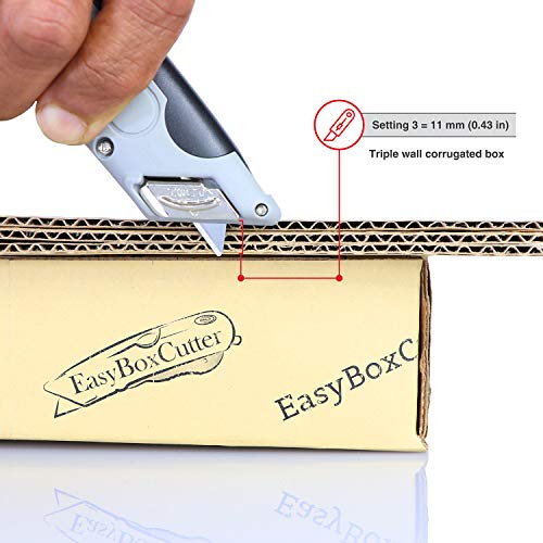 Modern Box Cutter, auto retract, blade vanishing technology, extra tape cutter at back, dual side edge guide, 3 blade depth setting, 2 blades and holster - Grey Color 4000