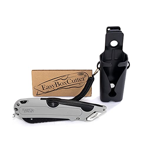 Modern Box Cutter, auto retract, blade vanishing technology, extra tape cutter at back, dual side edge guide, 3 blade depth setting, 2 blades and holster - Grey Color 4000