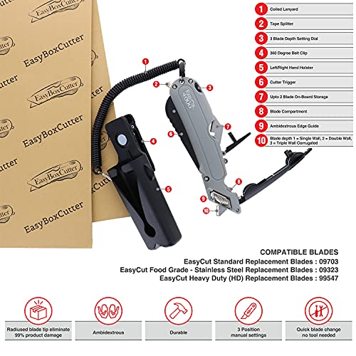 Modern Box Cutter, auto retract, blade vanishing technology, extra tape cutter at back, dual side edge guide, 3 blade depth setting, 2 blades and holster - Grey Color 4000