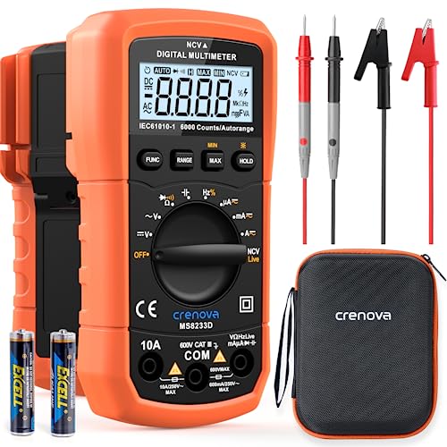 Crenova MS8233D Digital Multimeter 6000 Count Auto-Ranging DC AC Voltmeter Ohm Volt Amp Tester for Voltage Current Resistance Capacitance Continuity Diode Duty-Cycle Frequency NCV Live Wire Test