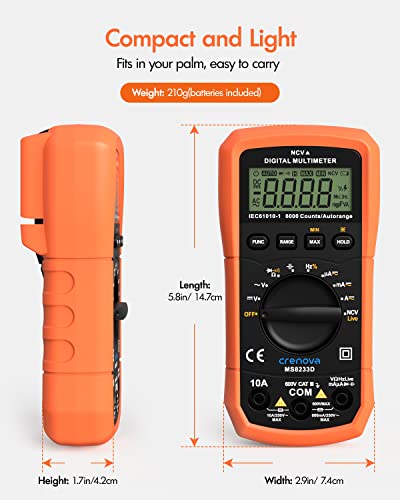 Crenova MS8233D Digital Multimeter 6000 Count Auto-Ranging DC AC Voltmeter Ohm Volt Amp Tester for Voltage Current Resistance Capacitance Continuity Diode Duty-Cycle Frequency NCV Live Wire Test