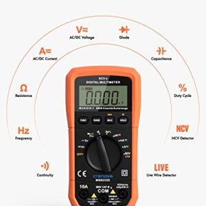 Crenova MS8233D Digital Multimeter 6000 Count Auto-Ranging DC AC Voltmeter Ohm Volt Amp Tester for Voltage Current Resistance Capacitance Continuity Diode Duty-Cycle Frequency NCV Live Wire Test