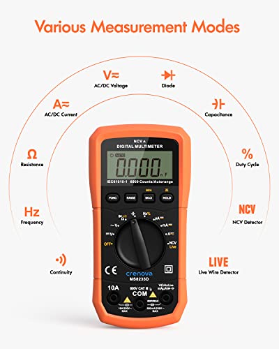 Crenova MS8233D Digital Multimeter 6000 Count Auto-Ranging DC AC Voltmeter Ohm Volt Amp Tester for Voltage Current Resistance Capacitance Continuity Diode Duty-Cycle Frequency NCV Live Wire Test