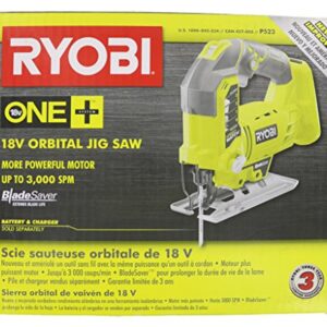 Ryobi One+ P523 18V Lithium Ion Cordless Orbital T Shank 3,000 SPM Jigsaw (Battery Not Included, Power Tool and T Shank Wood Cutting Blade Only)