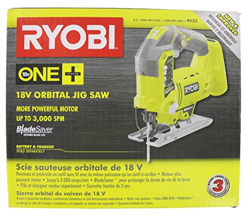 Ryobi One+ P523 18V Lithium Ion Cordless Orbital T Shank 3,000 SPM Jigsaw (Battery Not Included, Power Tool and T Shank Wood Cutting Blade Only)