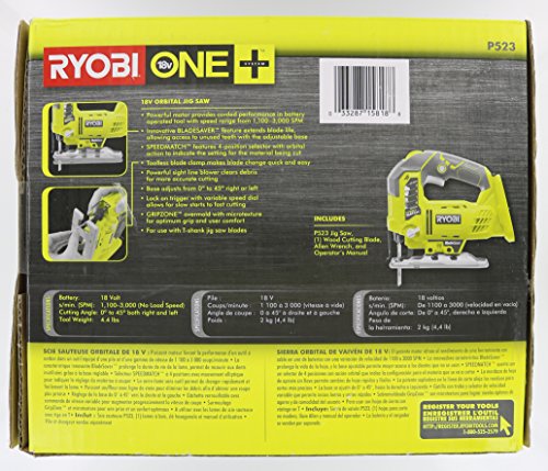 Ryobi One+ P523 18V Lithium Ion Cordless Orbital T Shank 3,000 SPM Jigsaw (Battery Not Included, Power Tool and T Shank Wood Cutting Blade Only)