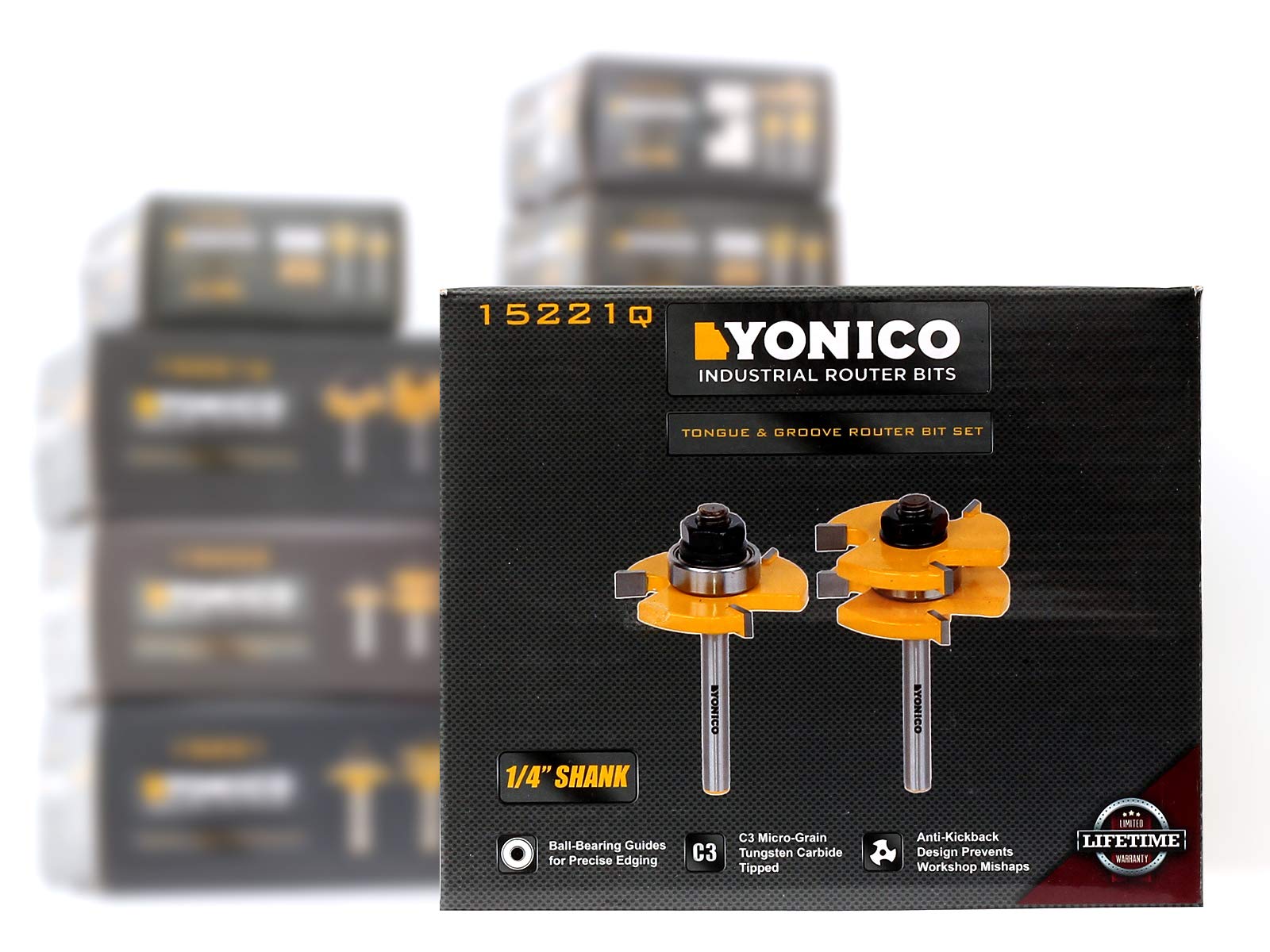 YONICO Tongue and Groove Router Bits Set Up to 3/4-Inch Stock 1/2" Cutting Depth 2 Bit Set 1/4-Inch Shank for Edge-to-Edge Hardwood Flooring, Paneling, Cabinet Door, Plywood Sheathing 15221q