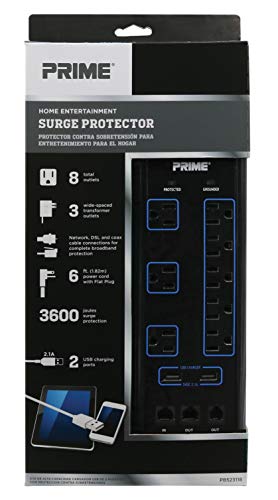 Prime Wire & Cable PB523118 8-Outlet Premium Electronics Surge Protector with 14/3 SJT 6-Feet Cord, Black