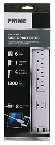 Prime Wire & Cable PB525106 6-Outlet Electronics Surge Protector with 14/3 SJT 4-Feet Cord and USB Charger, White