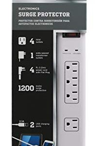 Prime Wire & Cable PB525106 6-Outlet Electronics Surge Protector with 14/3 SJT 4-Feet Cord and USB Charger, White