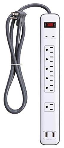 Prime Wire & Cable PB525106 6-Outlet Electronics Surge Protector with 14/3 SJT 4-Feet Cord and USB Charger, White