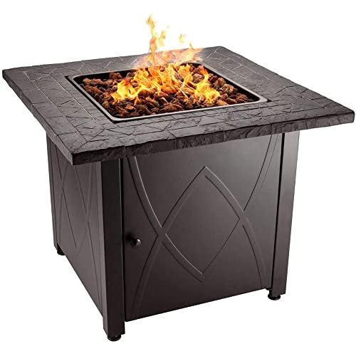 Endless Summer 30 Inch 30,000 BTU LP Gas Outdoor Propane Gas Lava Rock Patio Space Fire Pit Table with Slate Tile Mantel, Brown