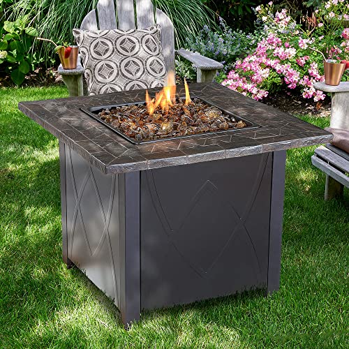 Endless Summer 30 Inch 30,000 BTU LP Gas Outdoor Propane Gas Lava Rock Patio Space Fire Pit Table with Slate Tile Mantel, Brown