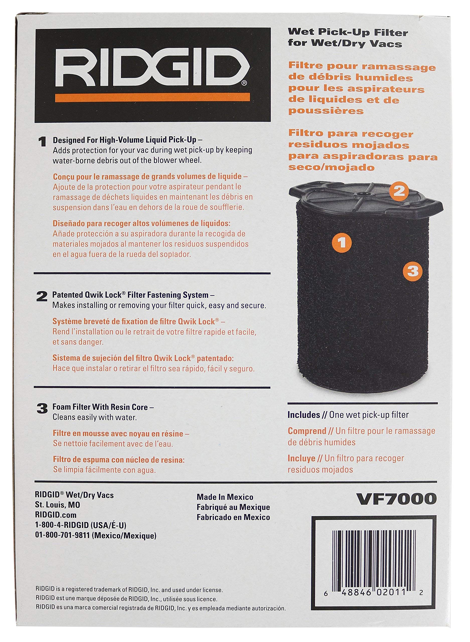 Ridgid VF7000 Genuine Replacement Foam Wet Application Only Vac Filter for Ridgid 5-20 Gallon Wet/Dry Vacuums