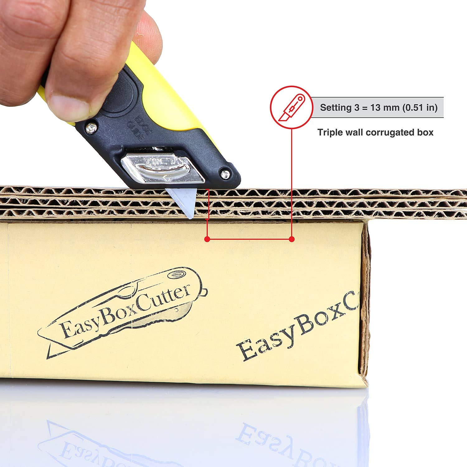 Easy Box Cutter, extra tape cutter at back, dual side edge guide, 3 blade depth setting, 2 blades and holster - Yellow 2000 (Pack of 12)