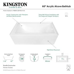 KINGSTON BRASS VTDE603122R 60-Inch Contemporary Alcove Acrylic Bathtub with Right Hand Drain and Overflow Holes, White