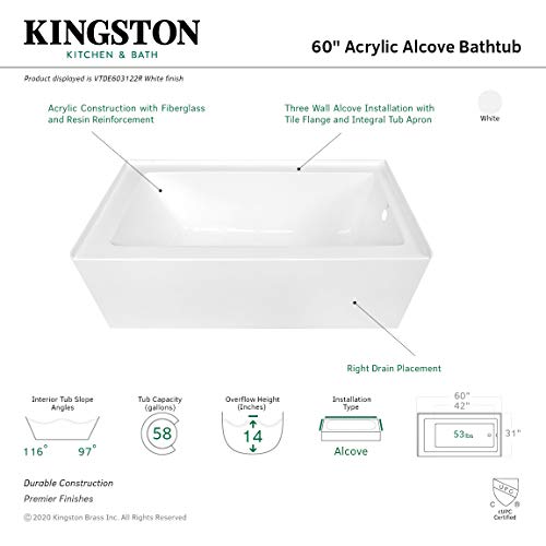 KINGSTON BRASS VTDE603122R 60-Inch Contemporary Alcove Acrylic Bathtub with Right Hand Drain and Overflow Holes, White