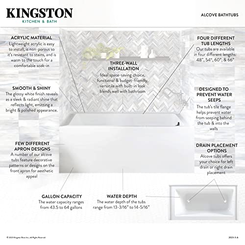 KINGSTON BRASS VTDE603122R 60-Inch Contemporary Alcove Acrylic Bathtub with Right Hand Drain and Overflow Holes, White