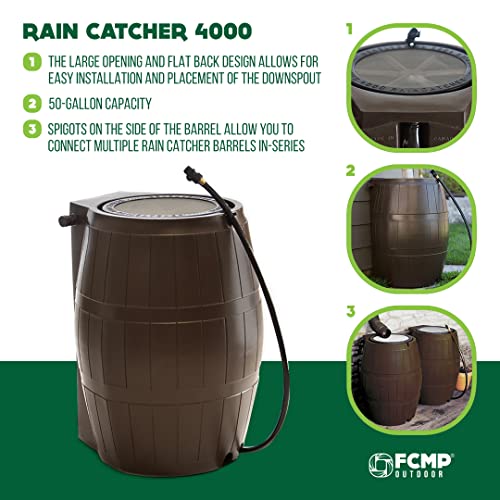 FCMP Outdoor RC4000 50-Gallon Heavy-Duty Outdoor Home Rain Catcher Barrel Water Container with Spigots and Mesh Screen, Brown