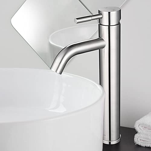 Aquaterior Single Handle Vessel Sink Faucet 12 inch Tall Bathroom Sink Faucet Hot and Cold Water Mixer Stainless Steel Single Hole Faucet Brushed Nickel (CUPC NSF CEC)