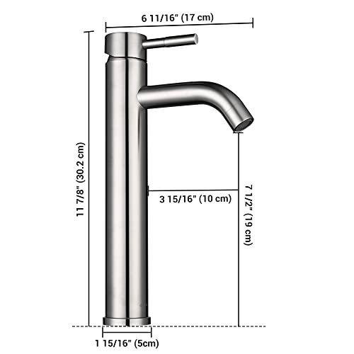 Aquaterior Single Handle Vessel Sink Faucet 12 inch Tall Bathroom Sink Faucet Hot and Cold Water Mixer Stainless Steel Single Hole Faucet Brushed Nickel (CUPC NSF CEC)