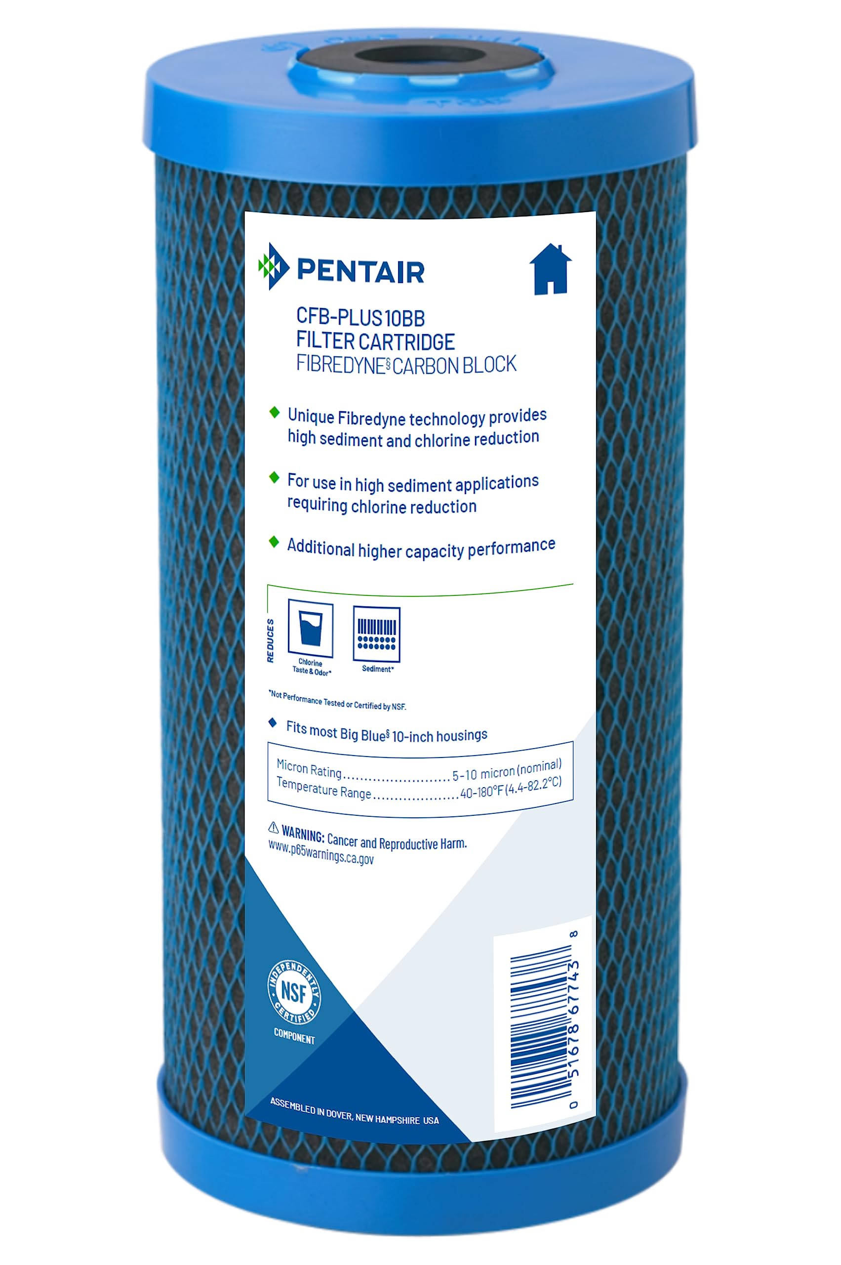 Pentair Pentek CFB-Plus10BB Big Blue Carbon Water Filter, 10-Inch, Whole House Fibredyne Modified Molded Carbon Block Replacement Cartridge, 10" x 4.5", 5-10 Micron