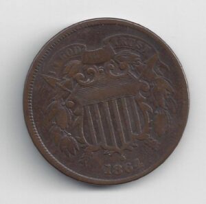 1864 no mint mark circulated two cent piece civil war era two-cent seller good