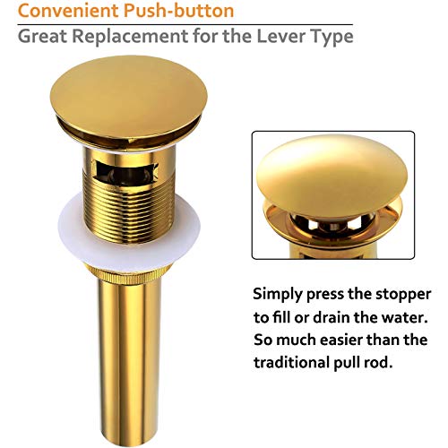 Vanity Vessel Sink Drain, Angle Simple Brass Pop Up Drain Stopper with Overflow Bathroom Sink Drain Stopper Lavatory Drain Assembly, Gold