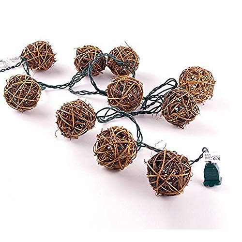 LIDORE 10 Counts Natural Rattan Balls String Light. Warm White Light for Patio, Wedding, Garden and Party Brown Rattan and Green Cord (Rattan)