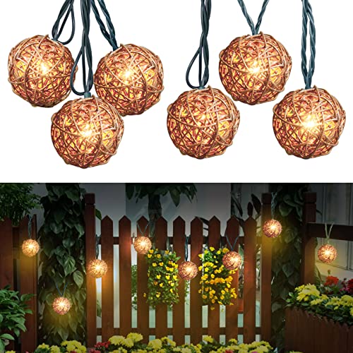 LIDORE 10 Counts Natural Rattan Balls String Light. Warm White Light for Patio, Wedding, Garden and Party Brown Rattan and Green Cord (Rattan)