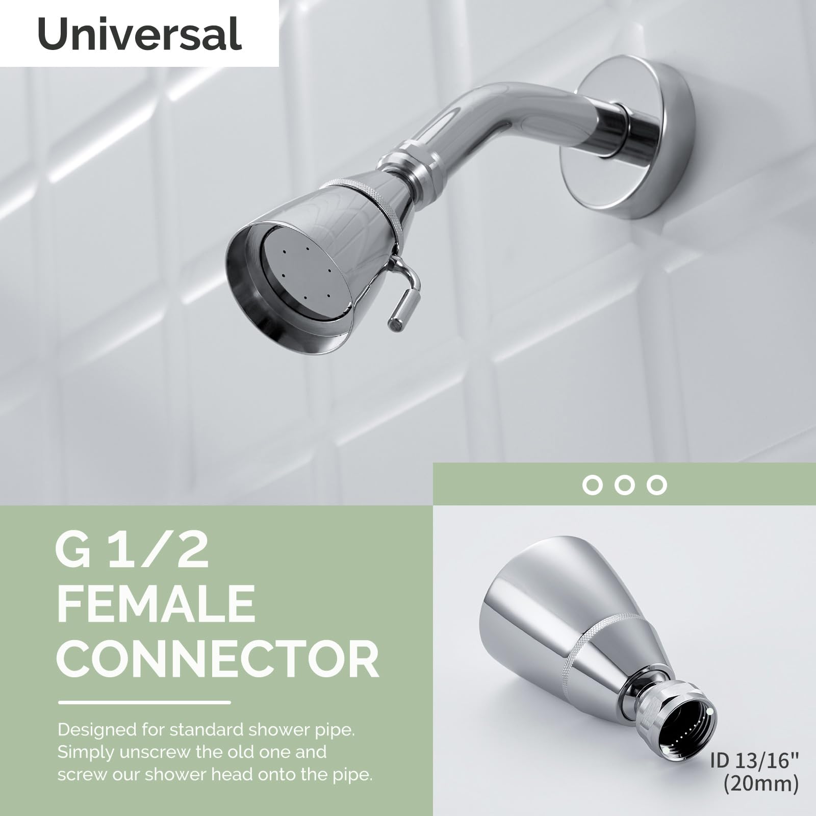 High Flow Shower Head, Angle Simple Solid Brass With Swivel Joint High Pressure Shower Head Adjustable Shower Spray Head Wall Pipe Shower Nozzle Female G 1/2, Chrome