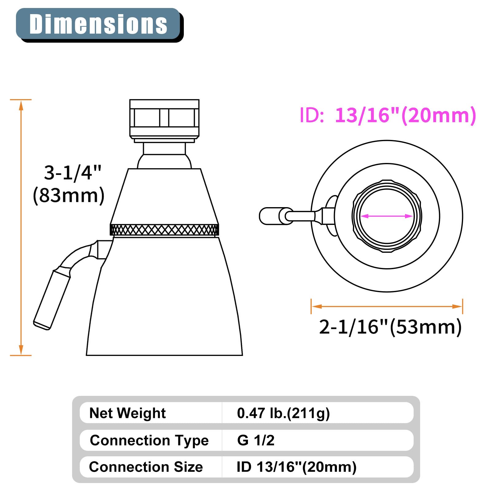 High Flow Shower Head, Angle Simple Solid Brass With Swivel Joint High Pressure Shower Head Adjustable Shower Spray Head Wall Pipe Shower Nozzle Female G 1/2, Chrome