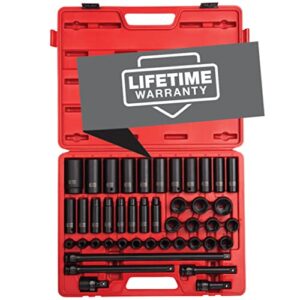 sunex 2569, 1/2" drive master impact socket set, 43piece, metric, 9mm - 30mm, standard/deep, cr-mo alloy steel, radius corner design, heavy duty storage case, universal joint & impact extensions