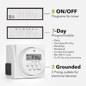 BN-LINK 7 Day Heavy Duty Digital Programmable Timer, FD60 U6, 115V, 60Hz, Dual Outlet, Indoor, for Lamp Light Fan Security UL Listed