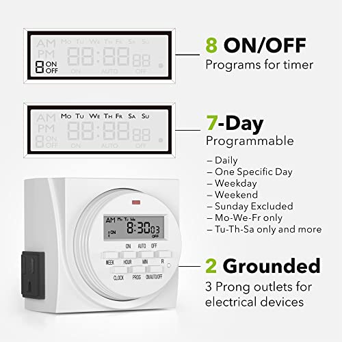 BN-LINK 7 Day Heavy Duty Digital Programmable Timer, FD60 U6, 115V, 60Hz, Dual Outlet, Indoor, for Lamp Light Fan Security UL Listed