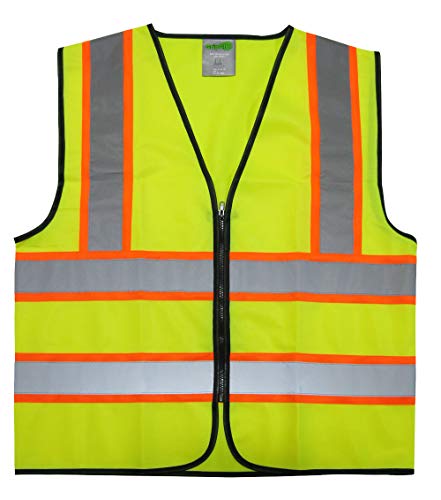 GripGlo Reflective Safety Vest, Bright Neon Color with 2 Inch Reflective Strips - Orange Trim - Zipper Front, Large