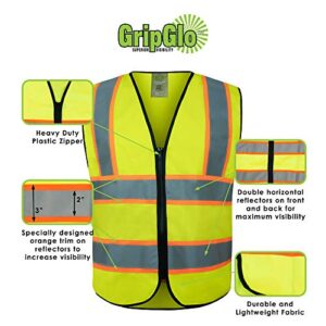 GripGlo Reflective Safety Vest, Bright Neon Color with 2 Inch Reflective Strips - Orange Trim - Zipper Front, Large