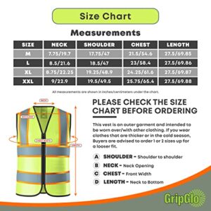 GripGlo Reflective Safety Vest, Bright Neon Color with 2 Inch Reflective Strips - Orange Trim - Zipper Front, Large