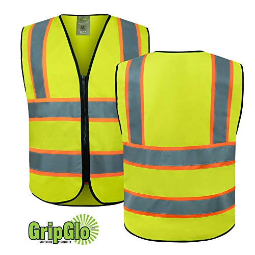 GripGlo Reflective Safety Vest, Bright Neon Color with 2 Inch Reflective Strips - Orange Trim - Zipper Front, Large