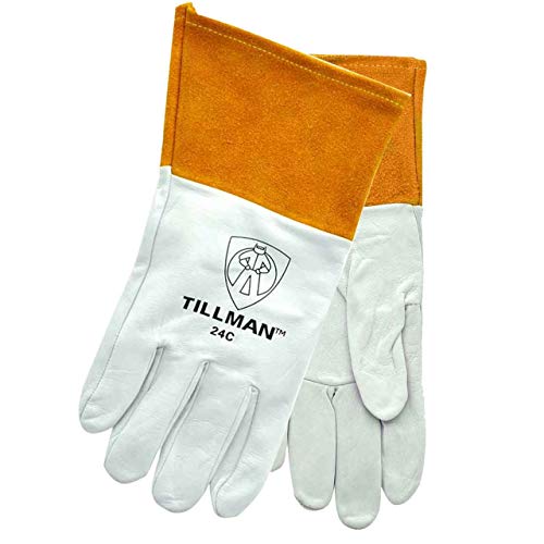 John Tillman and Co Tillman Small 13 34" Pearl and Gold Premium Top Grain Kidskin Unlined TIG Welders Gloves with 4" Cuff and Kevlar Thread Locking Stitch (Carded), Grey