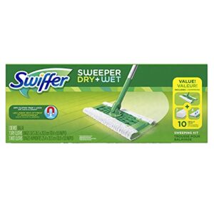 swiffer sweeper cleaner dry and wet mop starter kit with refills, hardwood floor cleaning, includes: 1 mop, 7 dry refill cloths, 3 wet pads