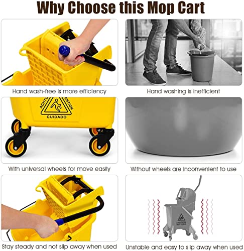 Goplus Commercial Mop Bucket Side Press Wringer Cleaning Caddy with 35 Quart Larger Capacity, Yellow