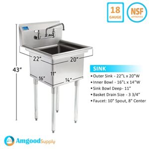 AmGood Commercial Stainless Steel Sink - 1 Compartment Restaurant Kitchen Prep & Utility Sink with 10" Faucet. NSF Certified. (Bowl Size: 16" x 14" + Faucet)