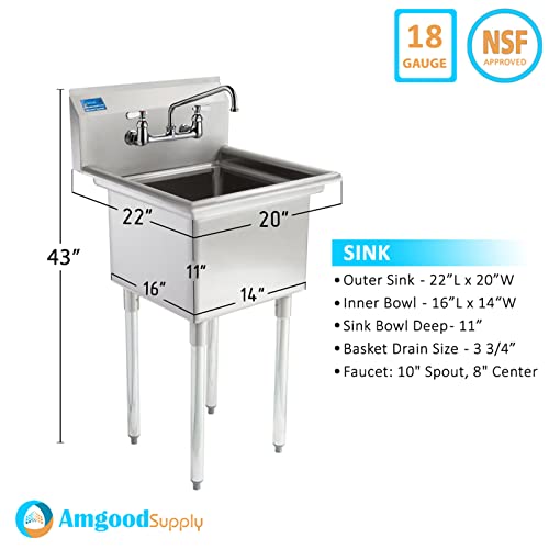 AmGood Commercial Stainless Steel Sink - 1 Compartment Restaurant Kitchen Prep & Utility Sink with 10" Faucet. NSF Certified. (Bowl Size: 16" x 14" + Faucet)