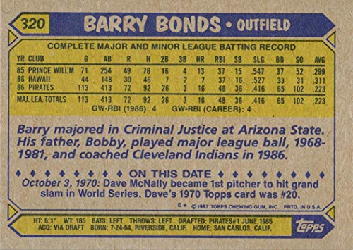 1987 Topps Baseball #320 Barry Bonds Rookie Card