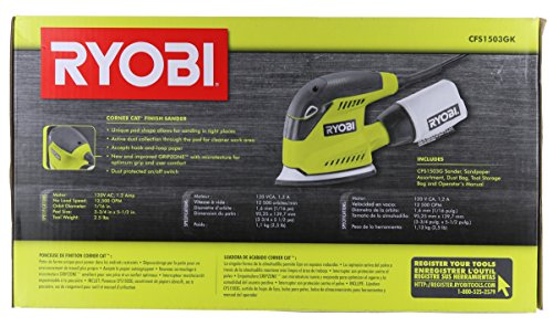 Ryobi CFS1503GK Compact Corner Cat 12,500 OPM 1.2 Amp Corded Orbital Finishing Sander w/ 10 Pads and Carrying Case