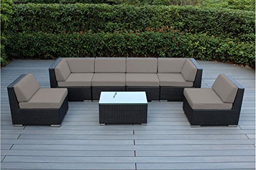 Ohana 7-Piece Outdoor Patio Furniture Sectional Conversation Set, Black Wicker with Sunbrella Taupe Cushions - No Assembly with Free Patio Cover